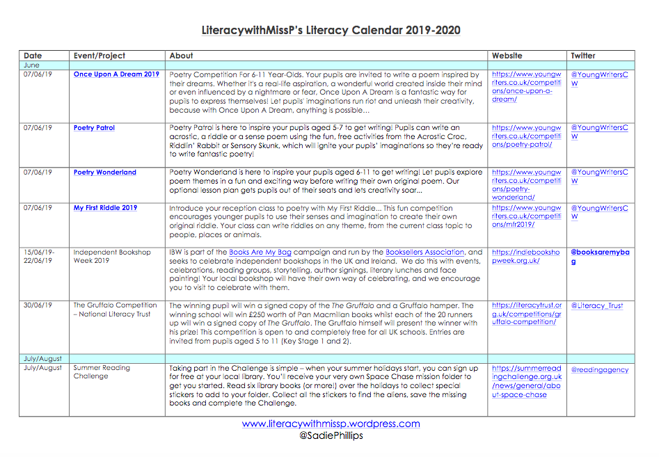 The Literacy Calendar 2019-2020 – Literacy with Miss P